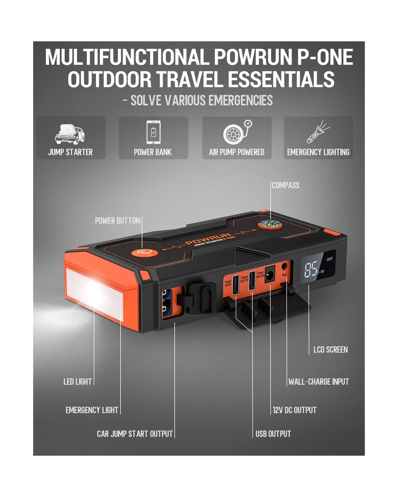 Powrun P-ONE Jump Starter, 2000A Portable Jump Starter Box - Car ...