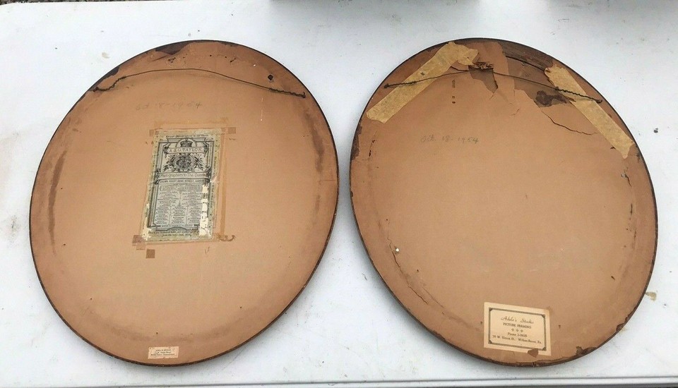 PAIR OF PRIMITIVE ANTIQUE COUNTRY WATERCOLOR GILT FRAMED OVAL PORTRAIT ...