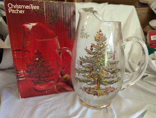 Spode Christmas Tree Glass Pitcher gold rim ice lip 10" tall original ...