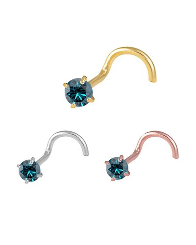 14K Solid gold 20G Real Natural Blue Diamond Stud Twisted Crooked Screw ...