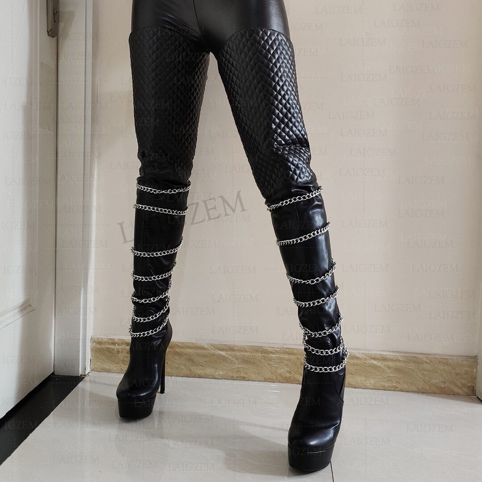 Women Thigh High Boots Platform Round Toe Back Zip Stiletto Heels Boots ...
