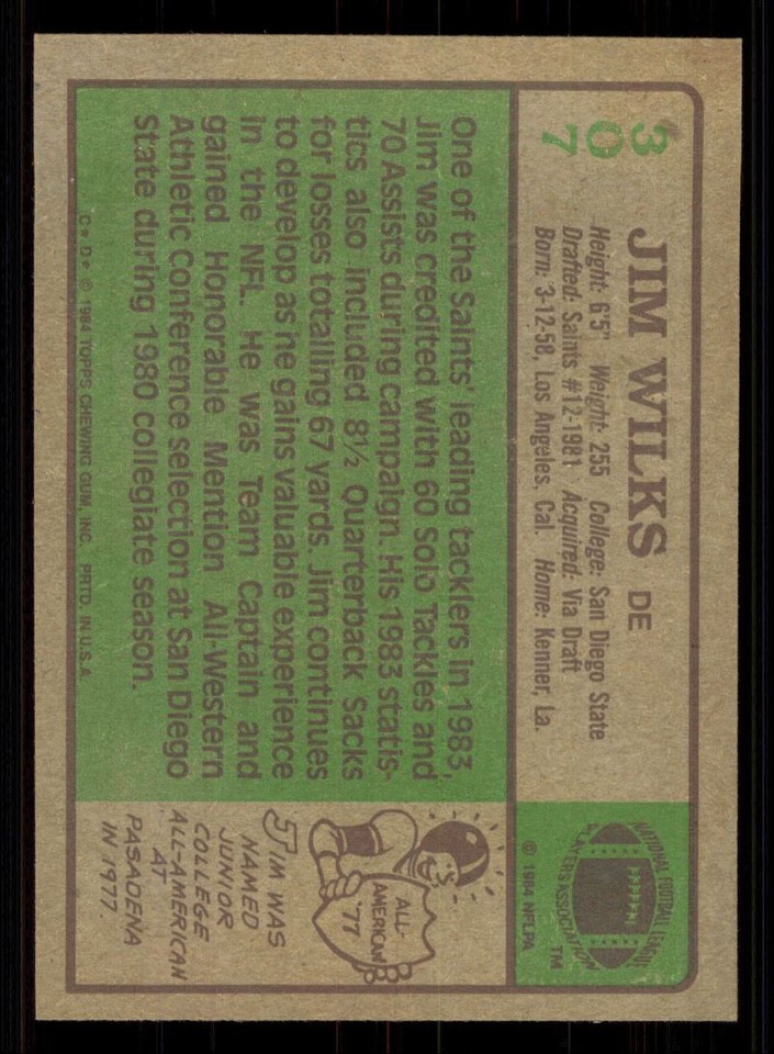 1984 Topps Jim Wilks RC New Orleans Saints #307 | eBay