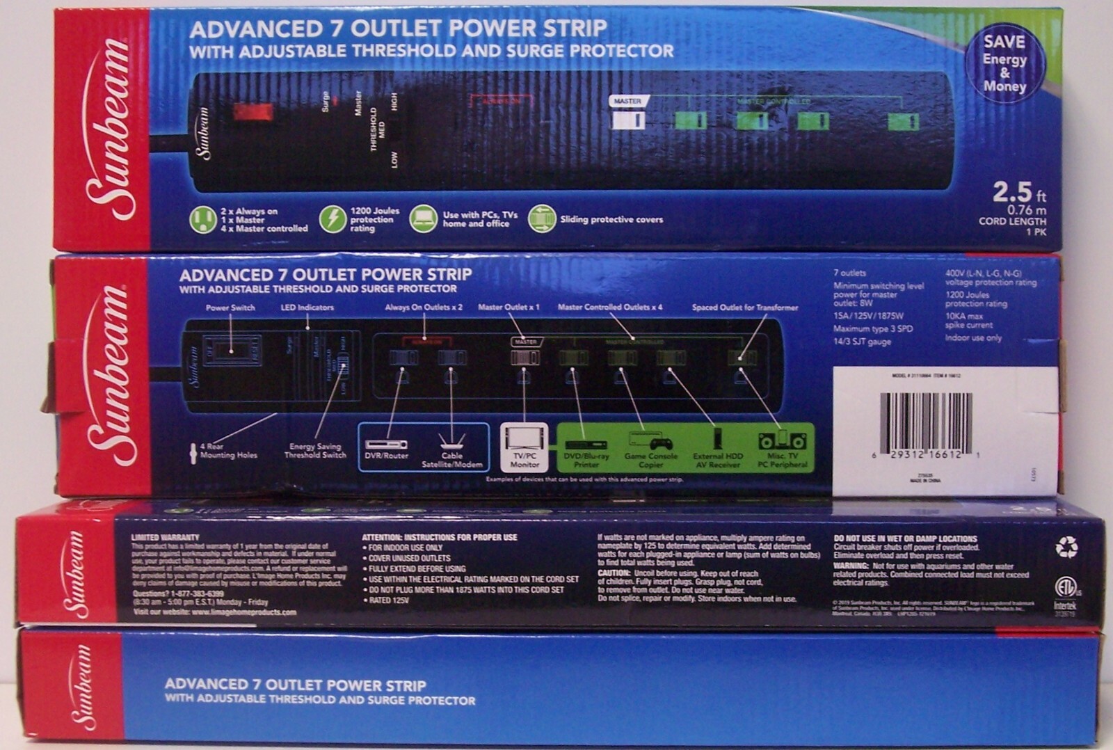 Sunbeam 7 Outlet Power Strip With Surge Protector 2x Always on 5x ...