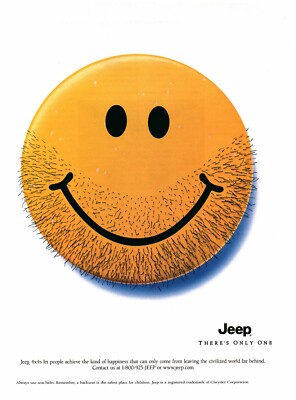 1997 PRINT AD - JEEP.. JEEP 4 X 4'S....HAPPINESS ..SMILEY FACE W/ BEARD ...