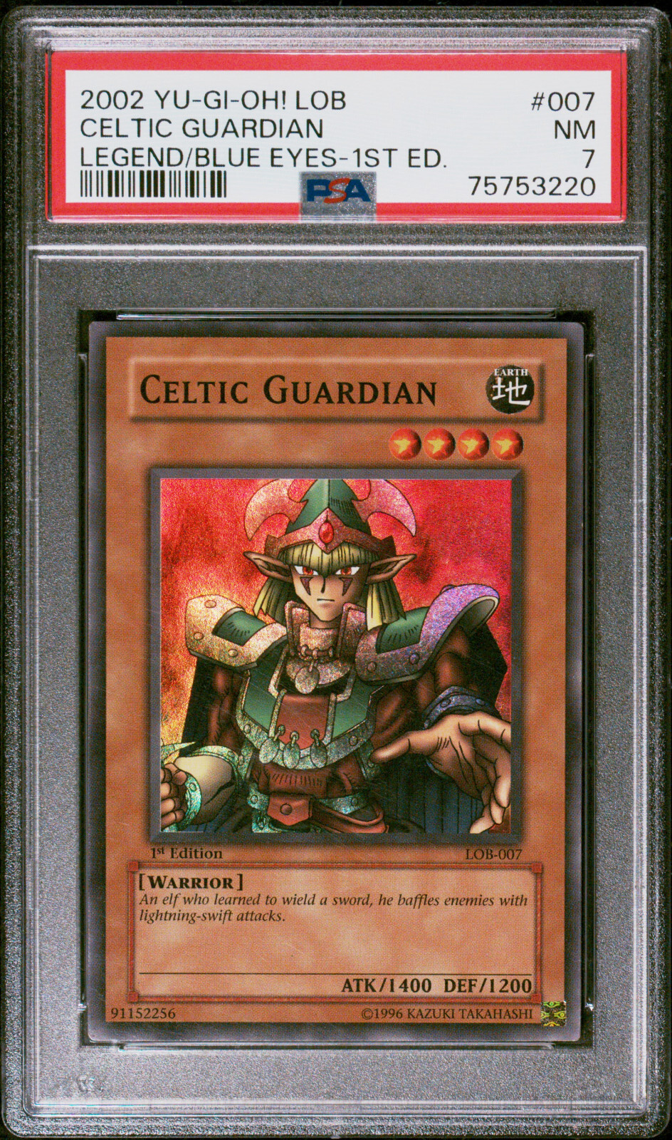 2002 YUGIOH 1ST ED LOB-007 CELTIC GUARDIAN SUPER RARE HOLO PSA 7 NM ...