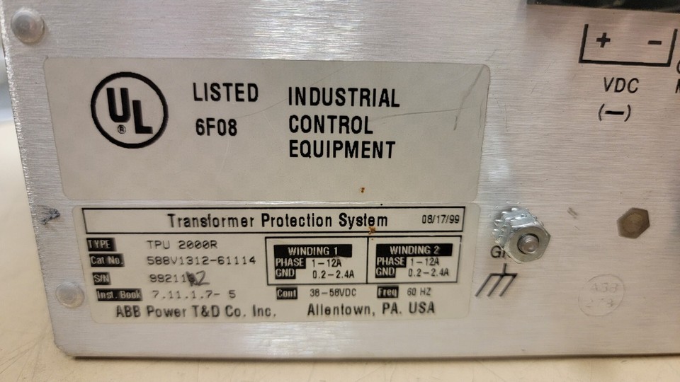 ABB TPU 2000R Transformer Protection System 588V1312-61114 | eBay