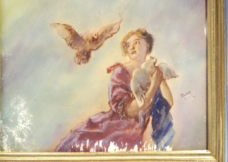 Swiss Gilt Bronze Mechanical Easel Clock Painted Plaque Girl & Doves LA ...