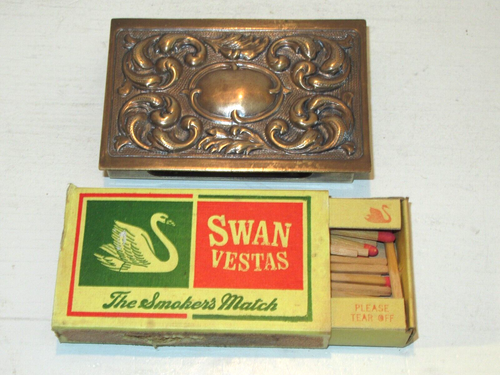 Vintage Repousse Copper Finish Match Vesta Box Case w/Swan Matches | eBay