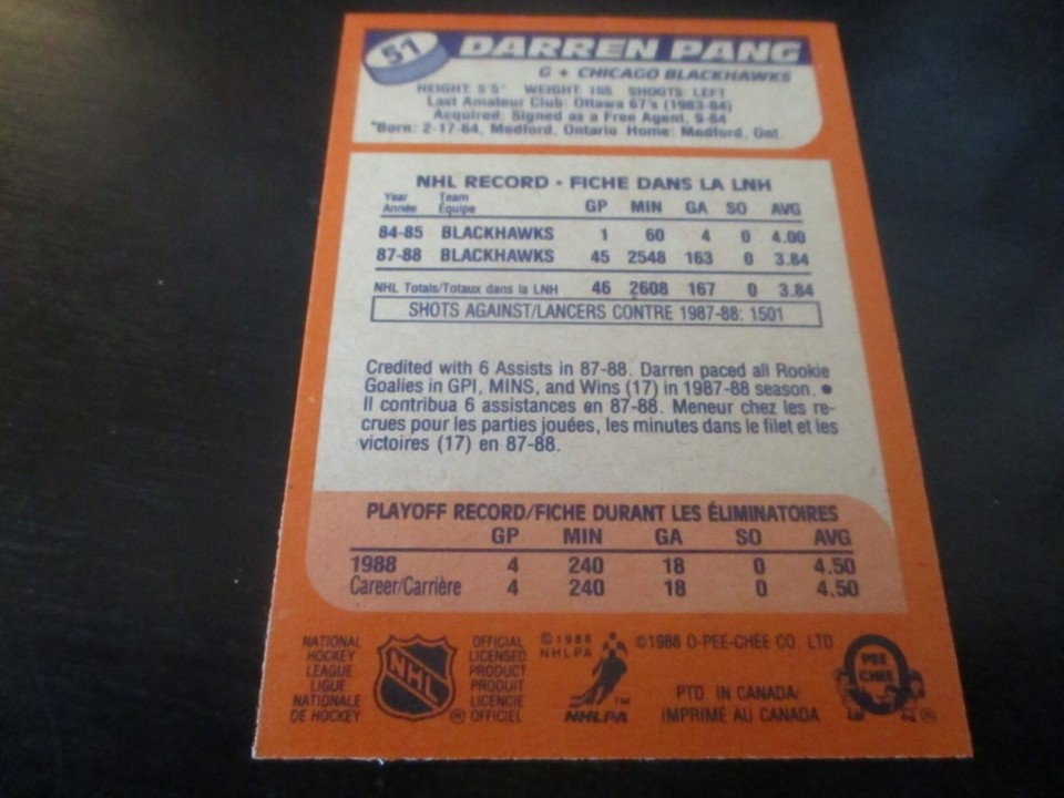 darren pang (chicago black hawks - g) 1988/89 o-pee-chee ROOKIE card ...