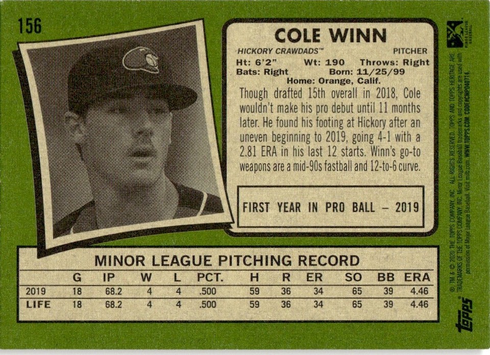 2020 Topps Heritage Minors Baseball Card Cole Winn Hickory Crawdads ...