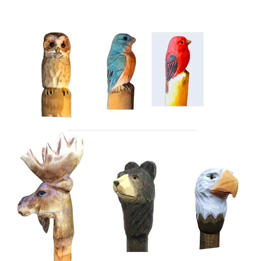 New Redbird Bluebird Owl Eagle Bear Walking Stick Cane Wood Hand Carved ...