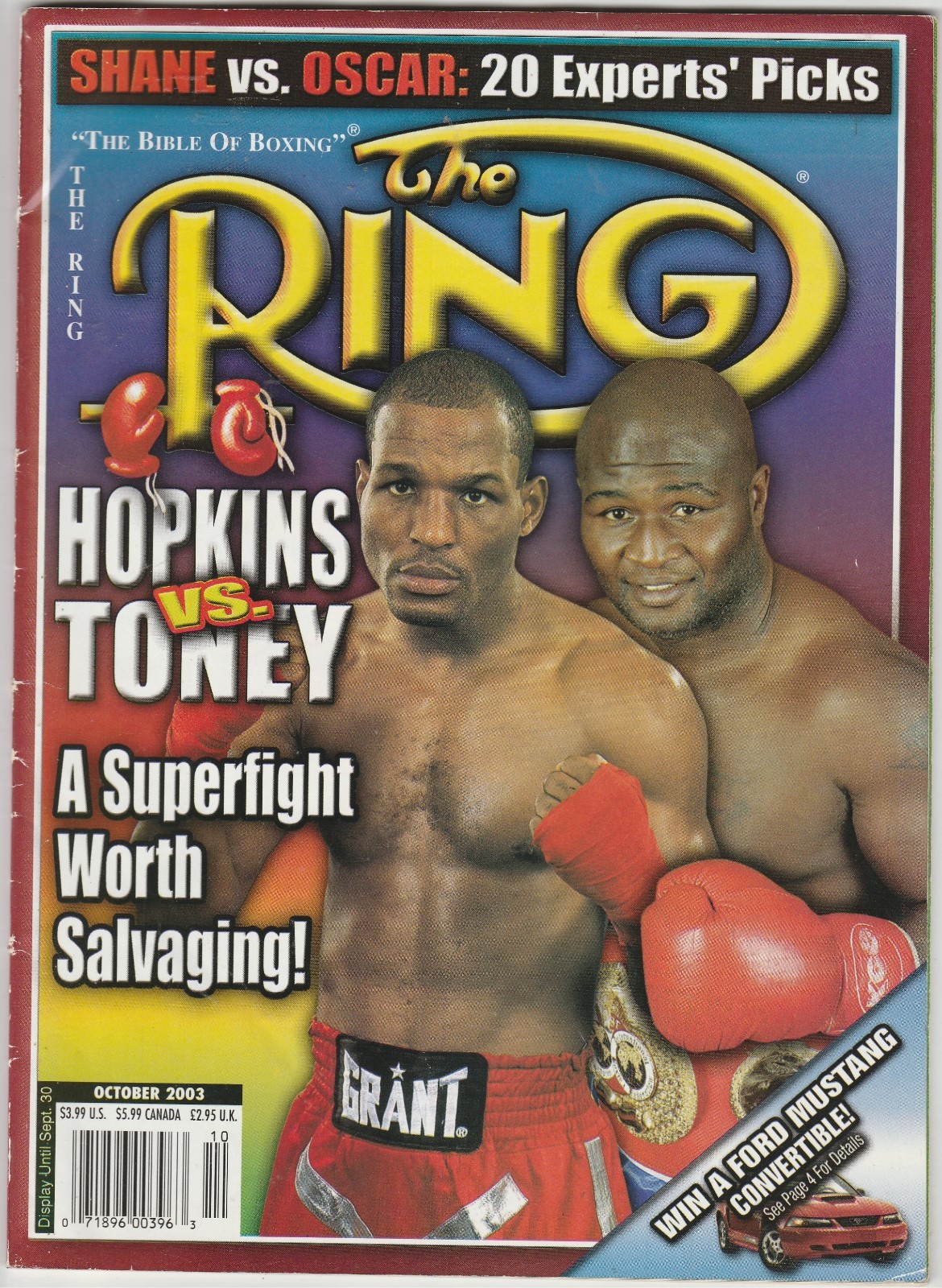 THE RING MAGAZINE BERNARD HOPKINS-JAMES TONEY COVER OCTOBER 2003 | eBay