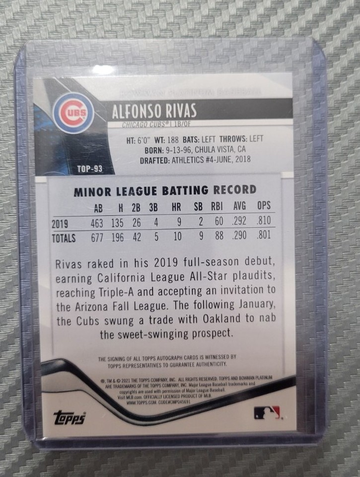 Alfonso Rivas ROOKIE/PROSPECT AUTO 2021 Bowman Platinum Prospects #TOP ...