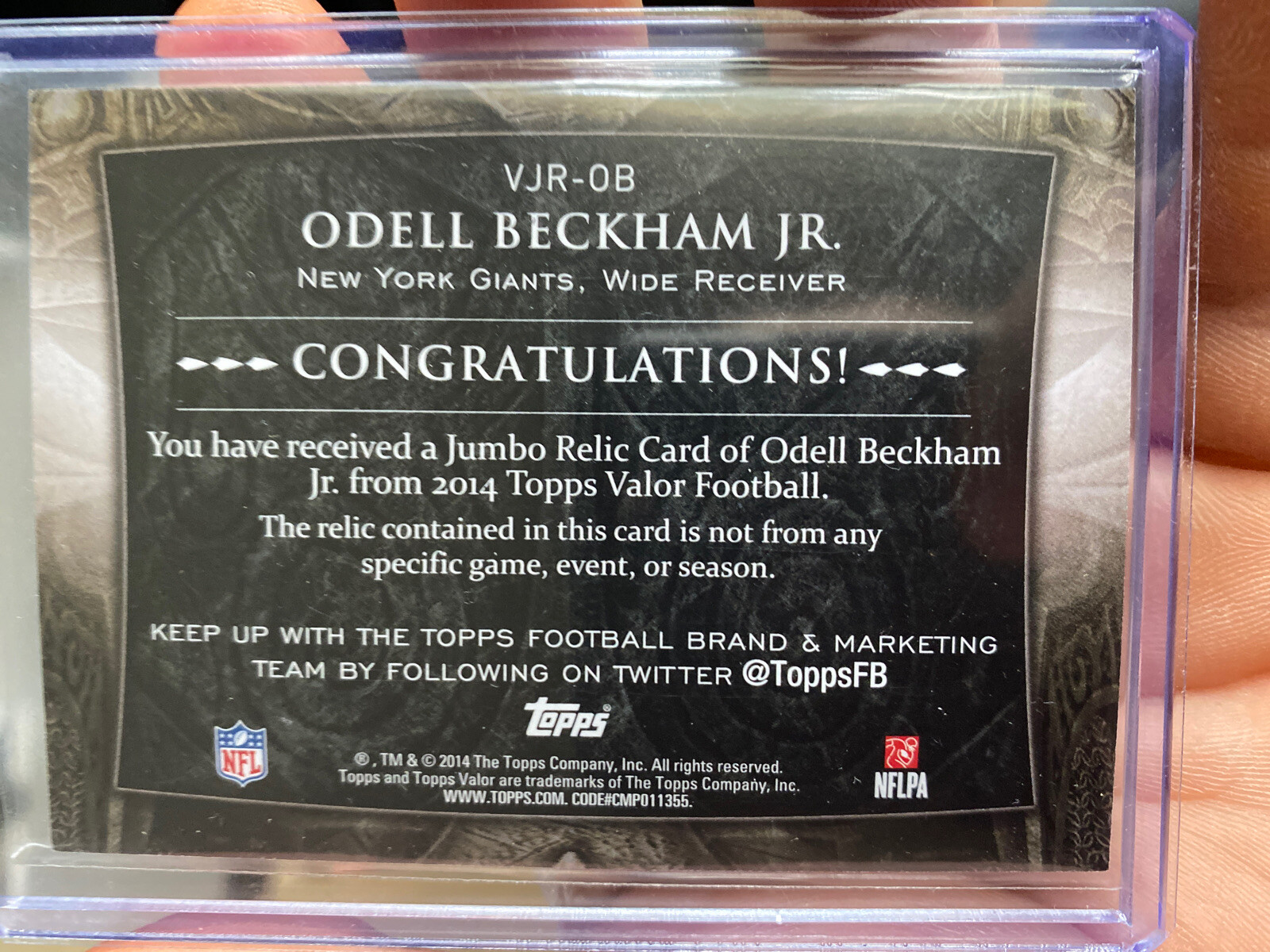 2014 Topps Valor Jumbo Relics #VJR-OB Odell Beckham Jr New York Giants ...