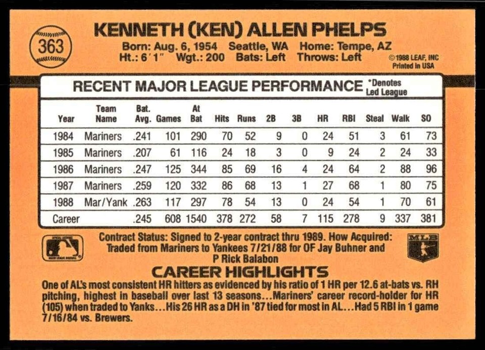 1989 Donruss Ken Phelps New York Yankees #363 | eBay