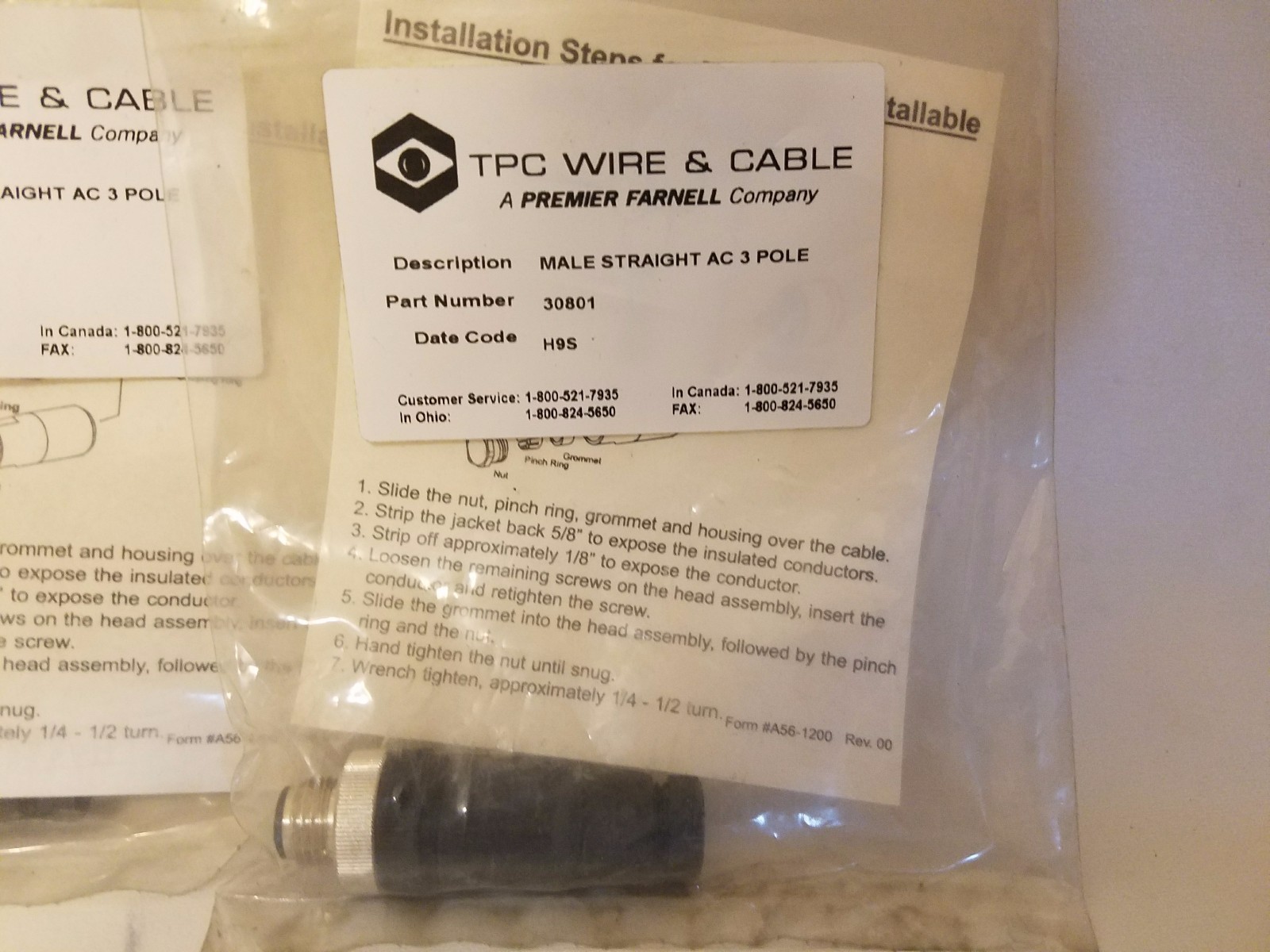 Lot of 3 TPC Wire & Cable 30801 Male Straight AC 3 Pole Connector Plug ...