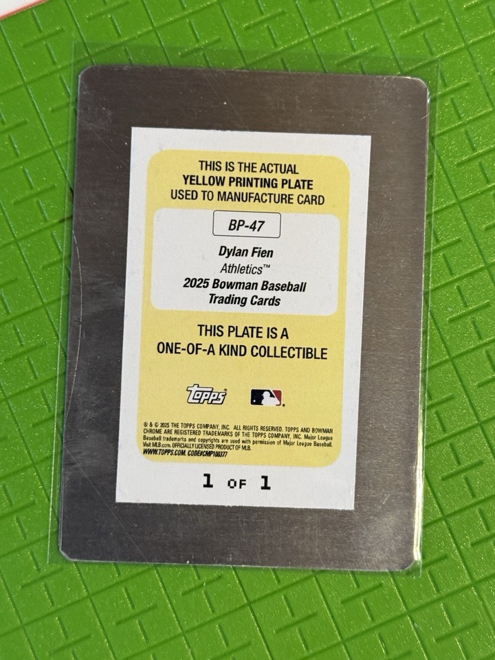 2025 Bowman - Dylan Fien RC #BP-47 Athletics YELLOW PRINTING PLATE 1/1 ...