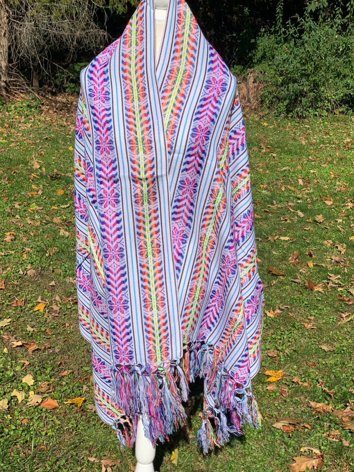 Mexican Fringed Rebozo Wrap Shawl Woven Pattern 6x2.75 White Rainbow ...