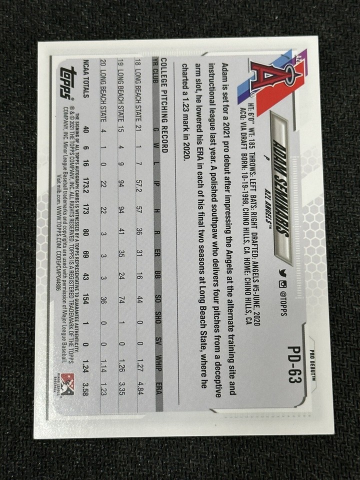 2021 Topps Pro Debut Auto #PD-63 Adam Seminaris AZL Angels Brewers Card ...