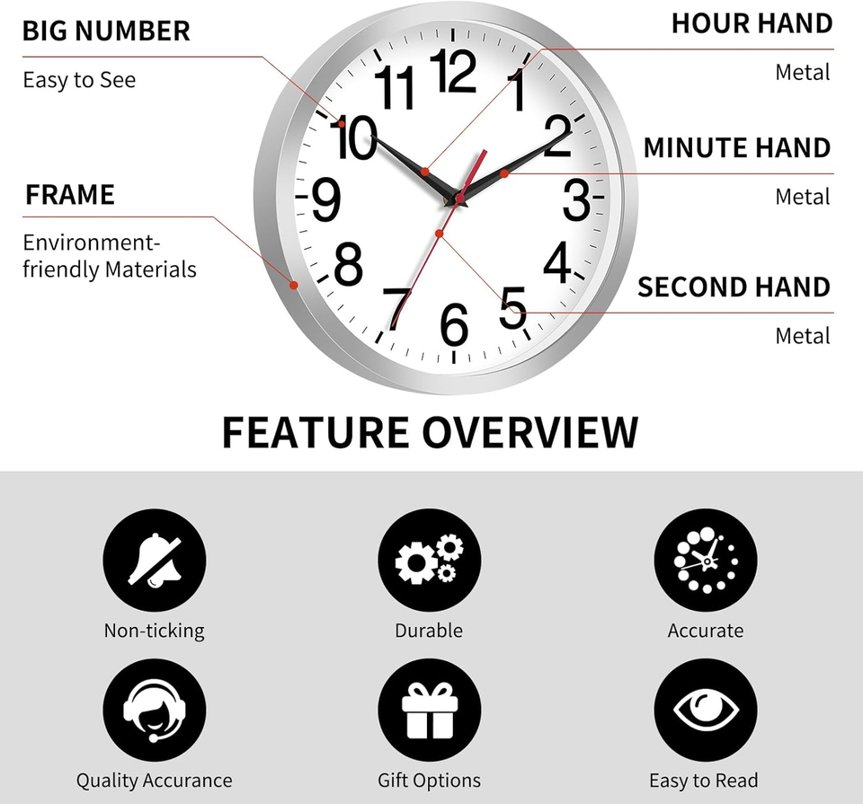 Wall Clock Modern 8 Inch Battery Operated Silent Non Ticking Small ...