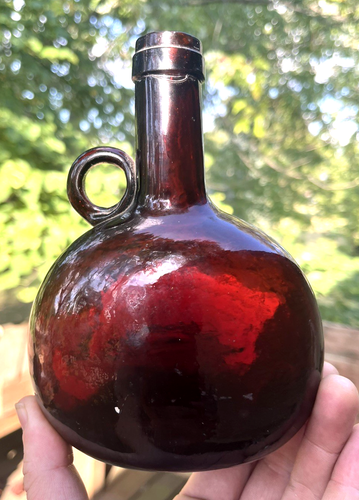 NICE RED AMBER SMALL CHESTNUT WHISKEY FLASK APPLIED HANDLE 1870'S ERA ...