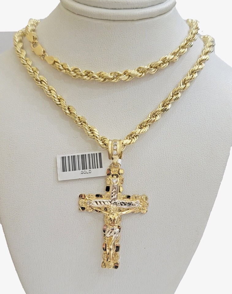Real 10k Gold Rope Chain Jesus Cross Charm Pendant Set 18-28" inch 5mm ...