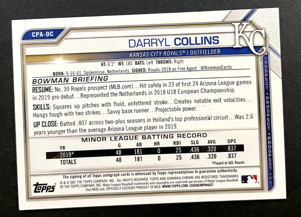 2021 Bowman Chrome 1st - Darryl Collins #CPA-DC Royals - Green Shimmer ...