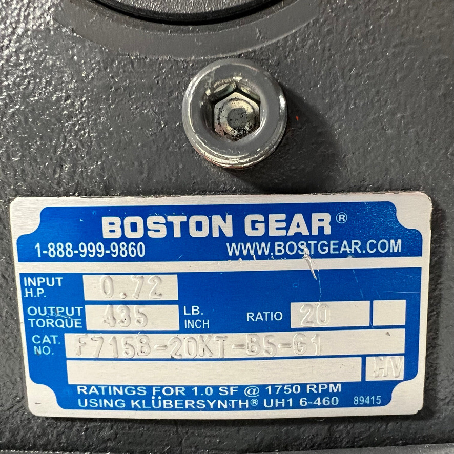 Boston Gear Speed Reducer Input HP .72 , Output Torque 435 , F715B-20KT ...