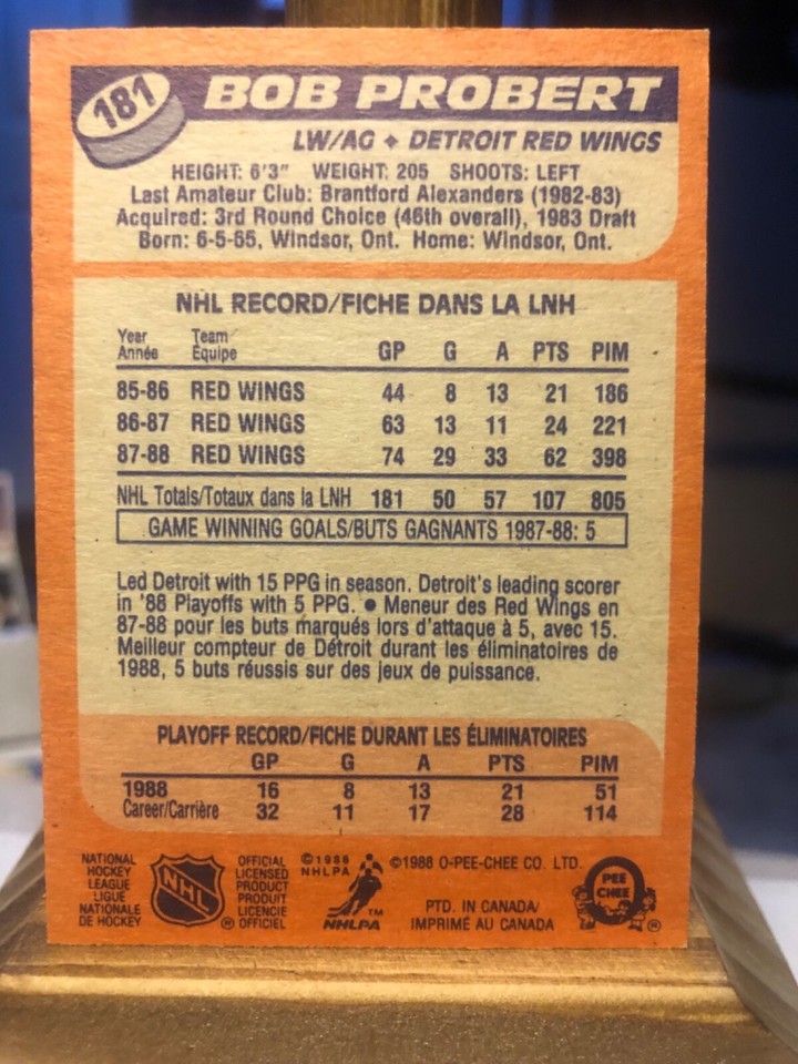 1988-89 opc Bob Probert rookie card #181 *sharp rare possibly 9 or 10 ...