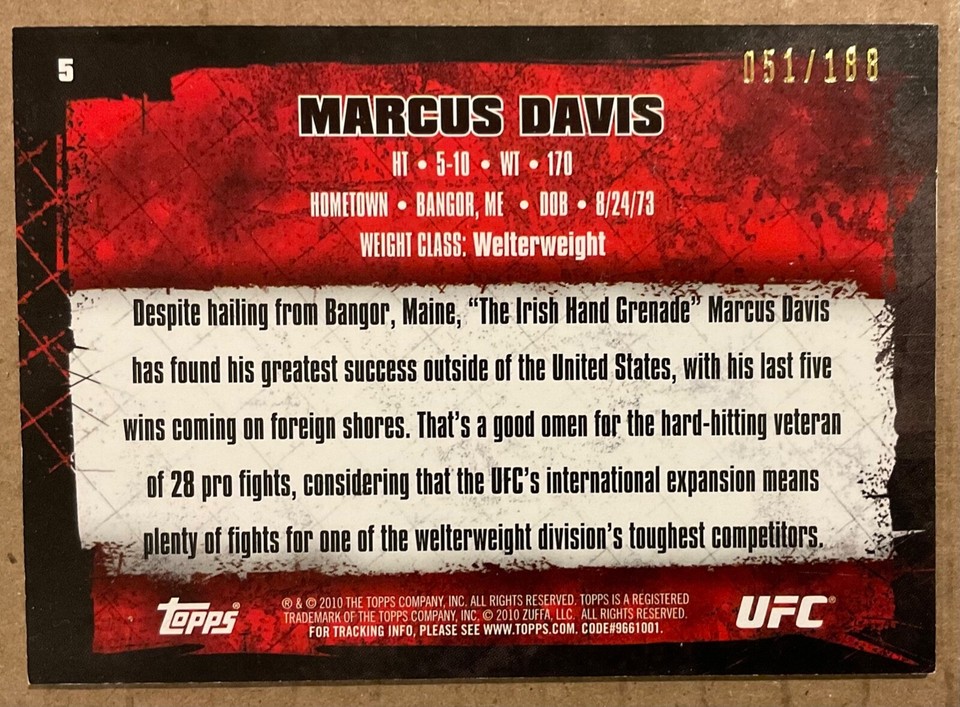 2010 MARCUS DAVIS TOPPS UFC SILVER THICK PARALLEL INSERT #5 CARD #051/ ...