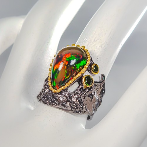 Top Color A+ 7 ct+ Natural Black Opal Ring 925 Sterling Silver Size 8 ...