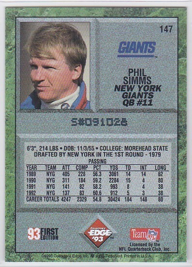 M) 1993 Collector's Edge Football Trading Card - Phil Simms #147 | eBay