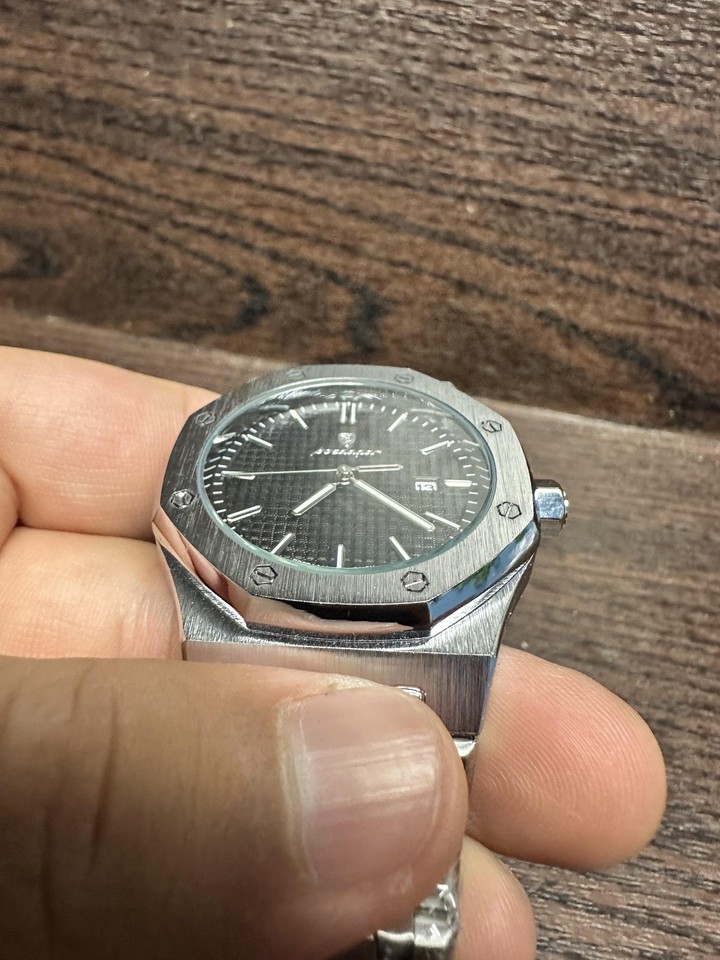 Stainless Steel Watch Mens Black Dial Date Octagonal Bezel Integrated ...