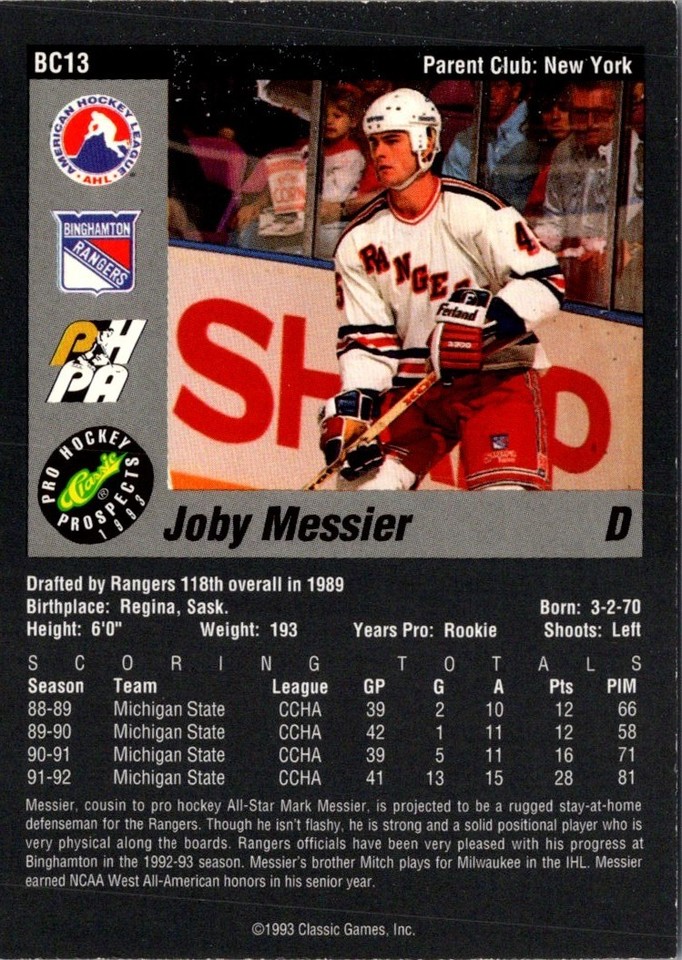 1993 Classic Pro Prospects Bonus Cards Joby Messier #BC13 Binghamton ...