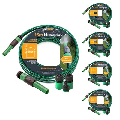 Garden Hose Pipe PVC Water Spray Hosepipe With Fittings 15M/30M/50M/75M ...