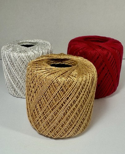 Lot Of 3 Cotton Crochet Thread Red Silver Gold Metallic Partial To Full ...