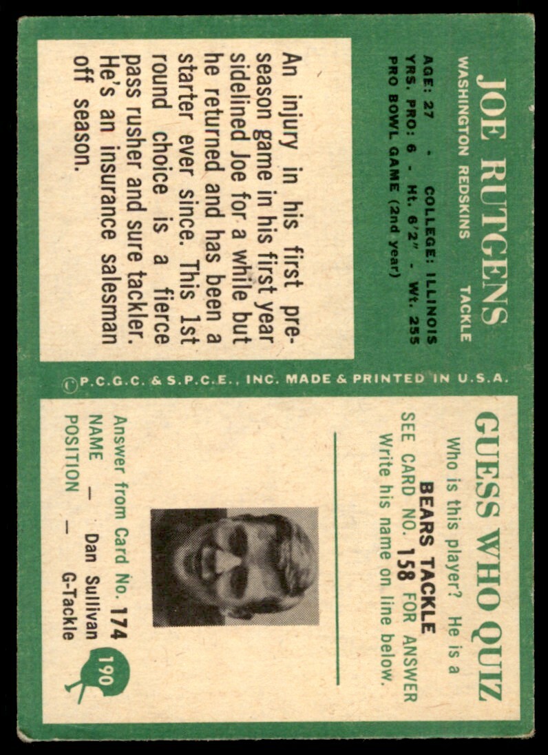 1966 Philadelphia Joe Rutgens Washington Redskins #190 | eBay
