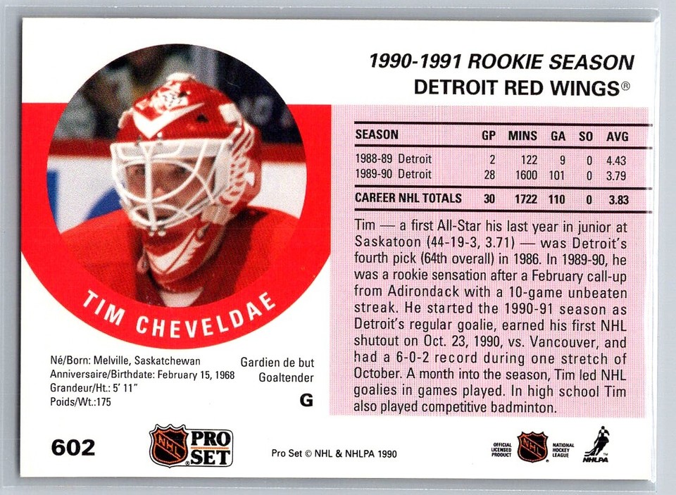 # 602 Tim Cheveldae Rookie Detroit Red Wings 1990-91 Pro Set | eBay