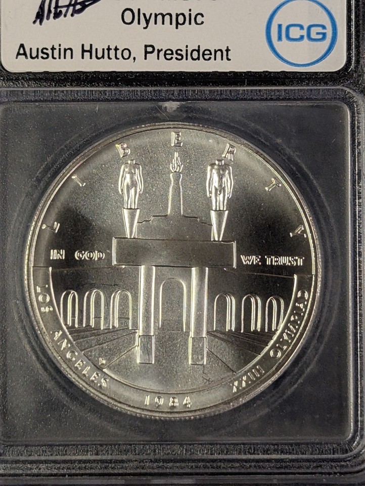 1984 D ⭐MS 70⭐ USA OLYMPIC Silver Commemorative $1-ICG Hutto Signed ...