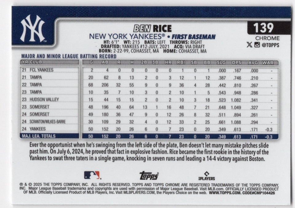 Ben Rice RC Sepia Refractor 2025 Topps Chrome #139 New York Yankees | eBay