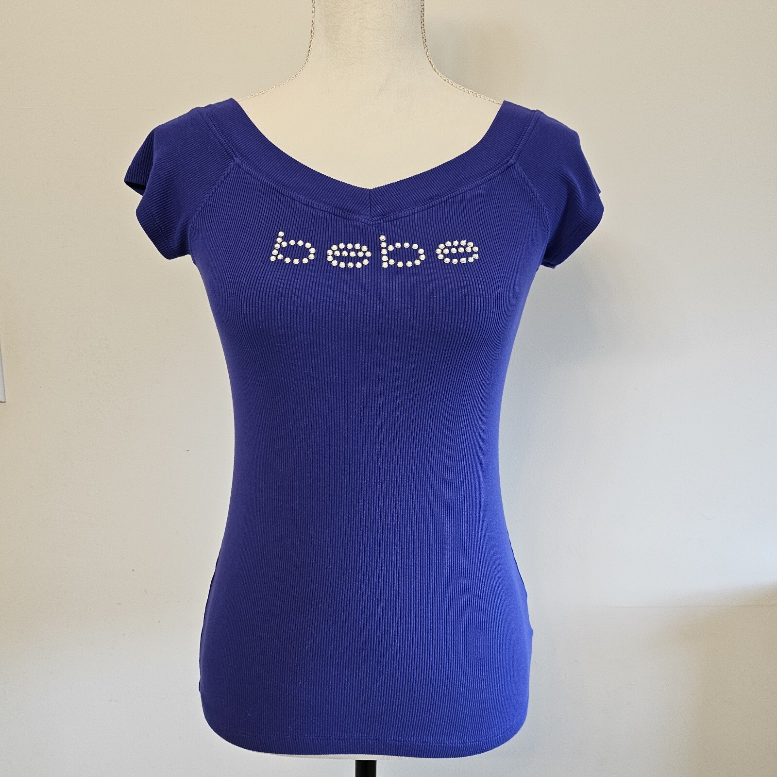 Vintage Y2K Bebe Rhinestone Logo Blue Ribbed Shirt Si… - Gem