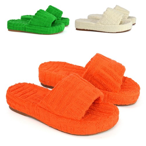 Womens Terry Towelling Slider Slip On Flatform Indoor Comfy Slipper ...
