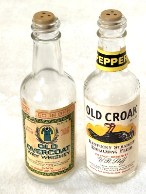 VTG Glass Old Croak Embalming Fluid /Old Overcoat Wry-Plastic Top S & P ...