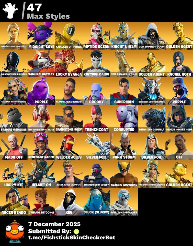 OG 119 Pack • Gold Lara Croft, Tony Stark, Midas, Peely, Naymar, Marvel ...