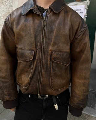 Men’s Vintage Aviator Real Leather Jacket Brown Distressed B2 Bomber ...