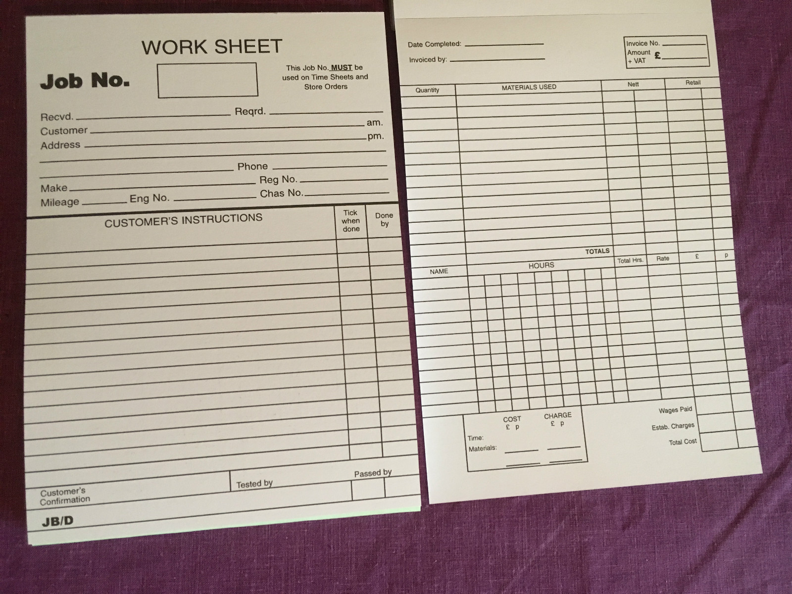 2 X WORKSHOP JOB CARD GARAGE JOB CARD WORK REPAIR SHEET REPAIR JOB ...