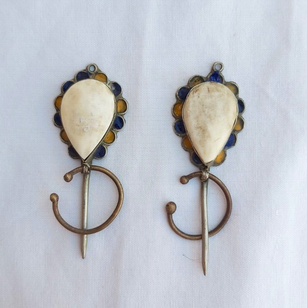 Pair Rare African Berber Moroccan Bone & Enamel Penda… - Gem