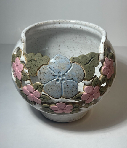 SIGNED Kathy Veverka pottery vase with pink and blue floral cutout ...