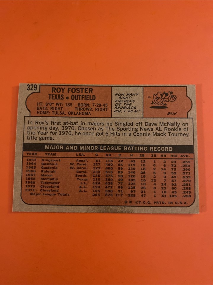 1972 Topps Baseball Card #329 Roy Foster – Texas Rangers EX+ | eBay