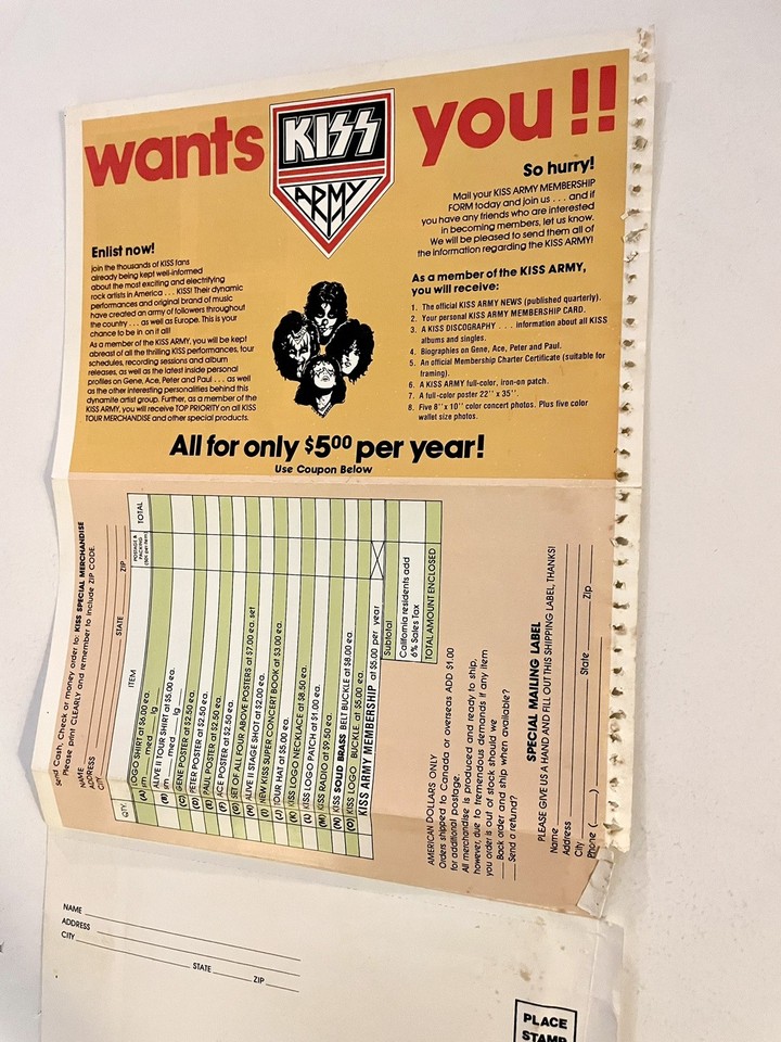 KISS⚡️ALIVE II 1977⚡️Order Form⚡️MERCH INSERT SHEET⚡️AUCOIN Ace Frehley ...